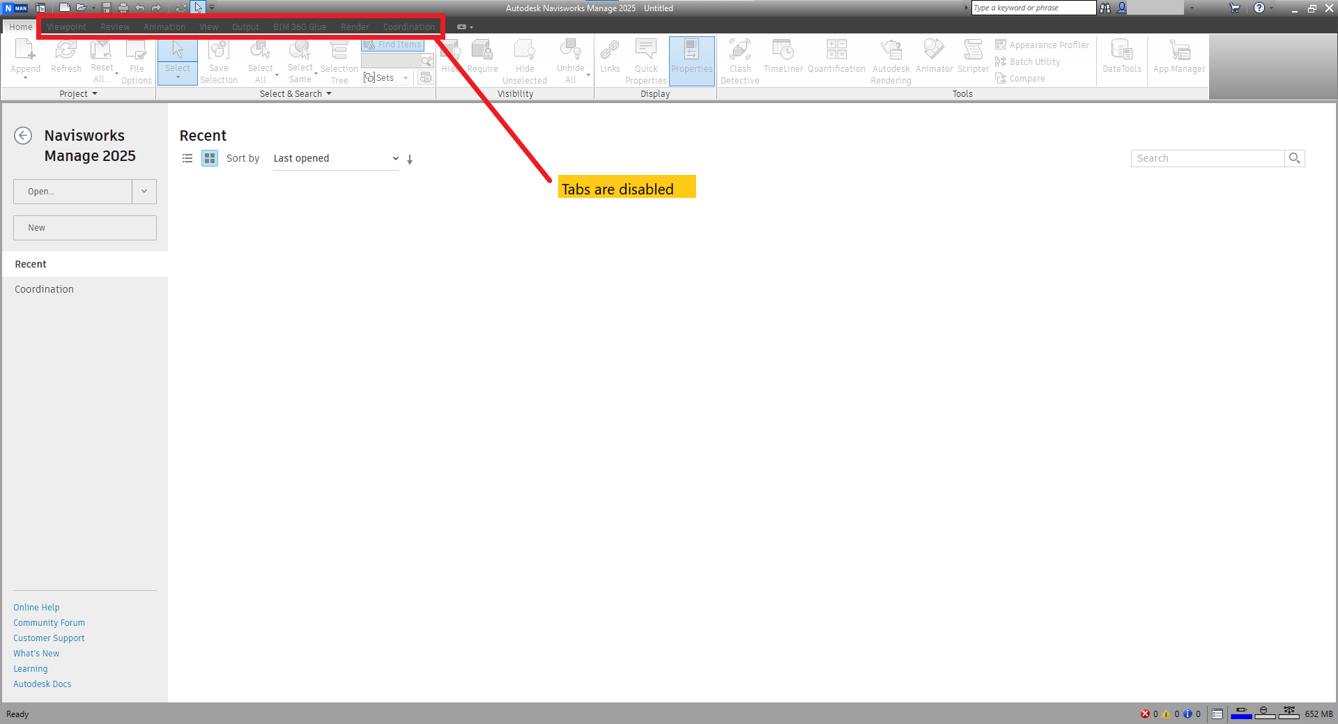 Tabs are disabled in Navisworks