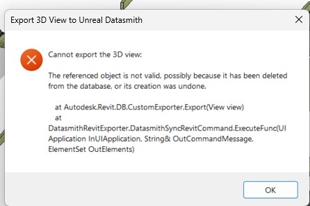 "Cannot export the 3D view: The referenced object is not valid" when exporting data from Revit ...