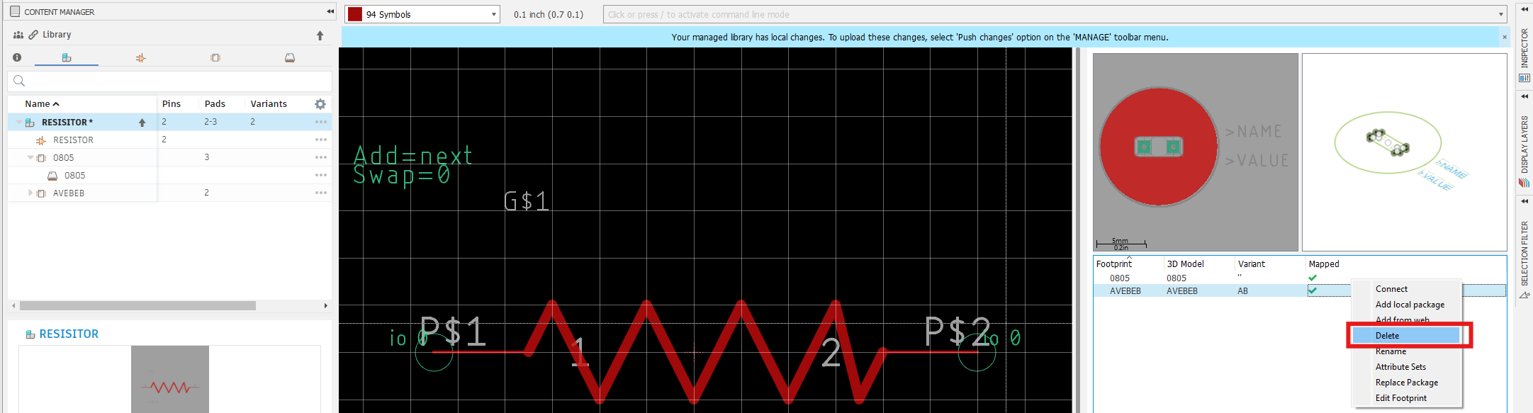 How to replace/delete a 3D package in an Electronic's library in Fusion?