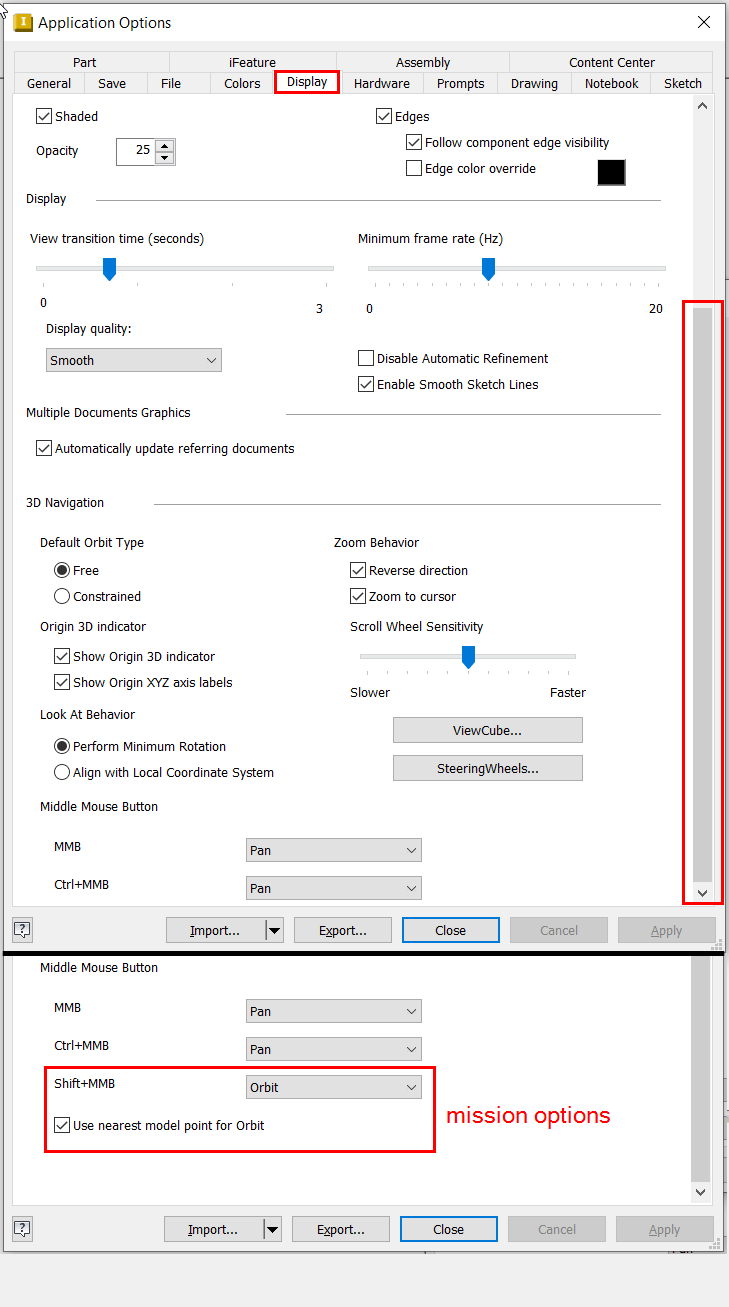 Scrolling problem in Display tab of Inventor Application Options