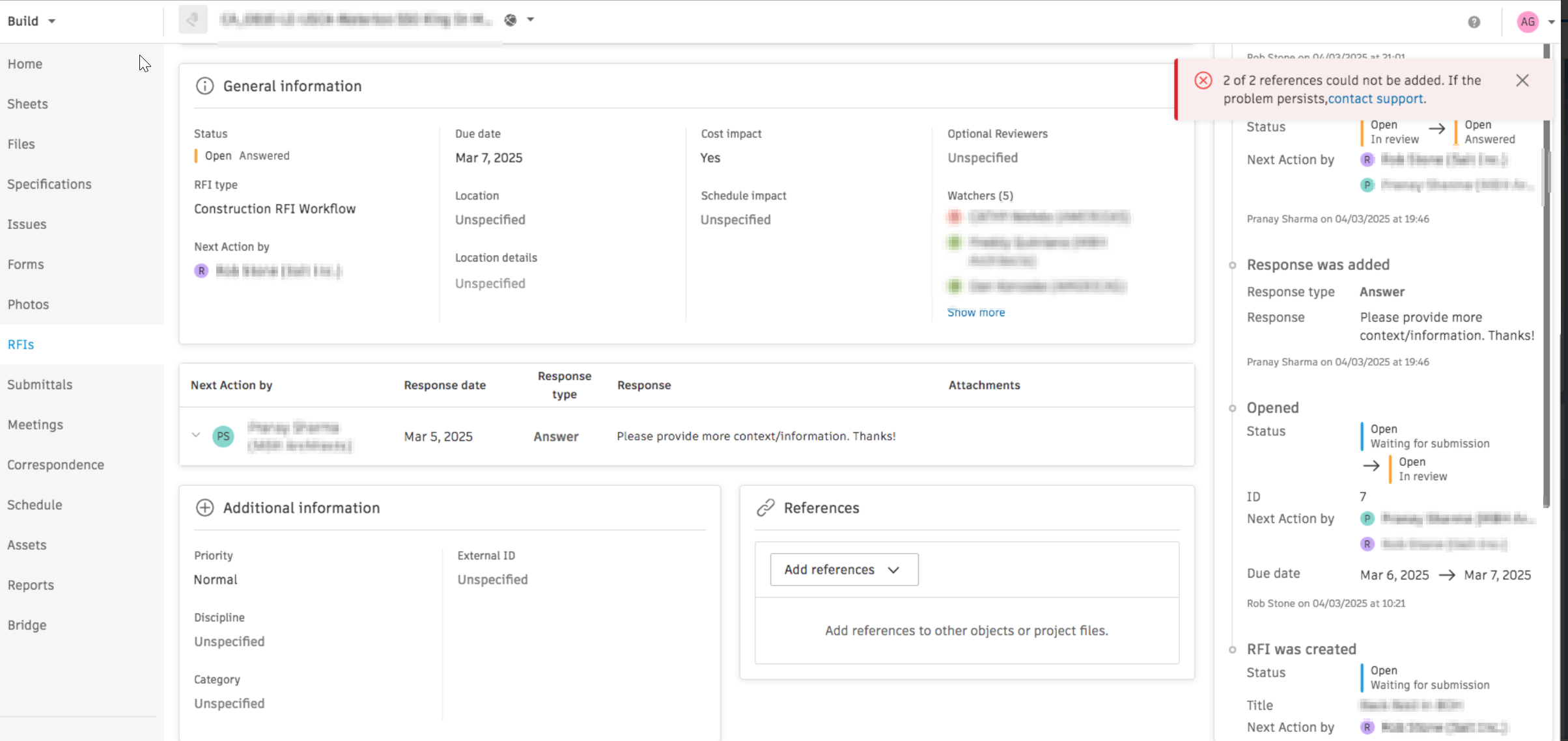 오류 메시지 "2/2 참조를 추가할 수 없습니다. 문제가 지속되면 지원팀에 문의하십시오." ACC의 RFI에 이미지를 업로드할 때