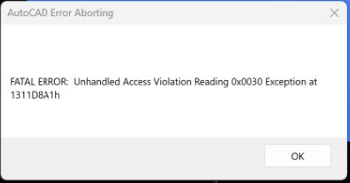 "FATAL ERROR: Unhandled Access Violation Reading..." when inserting pipe to a network in Civil 3D