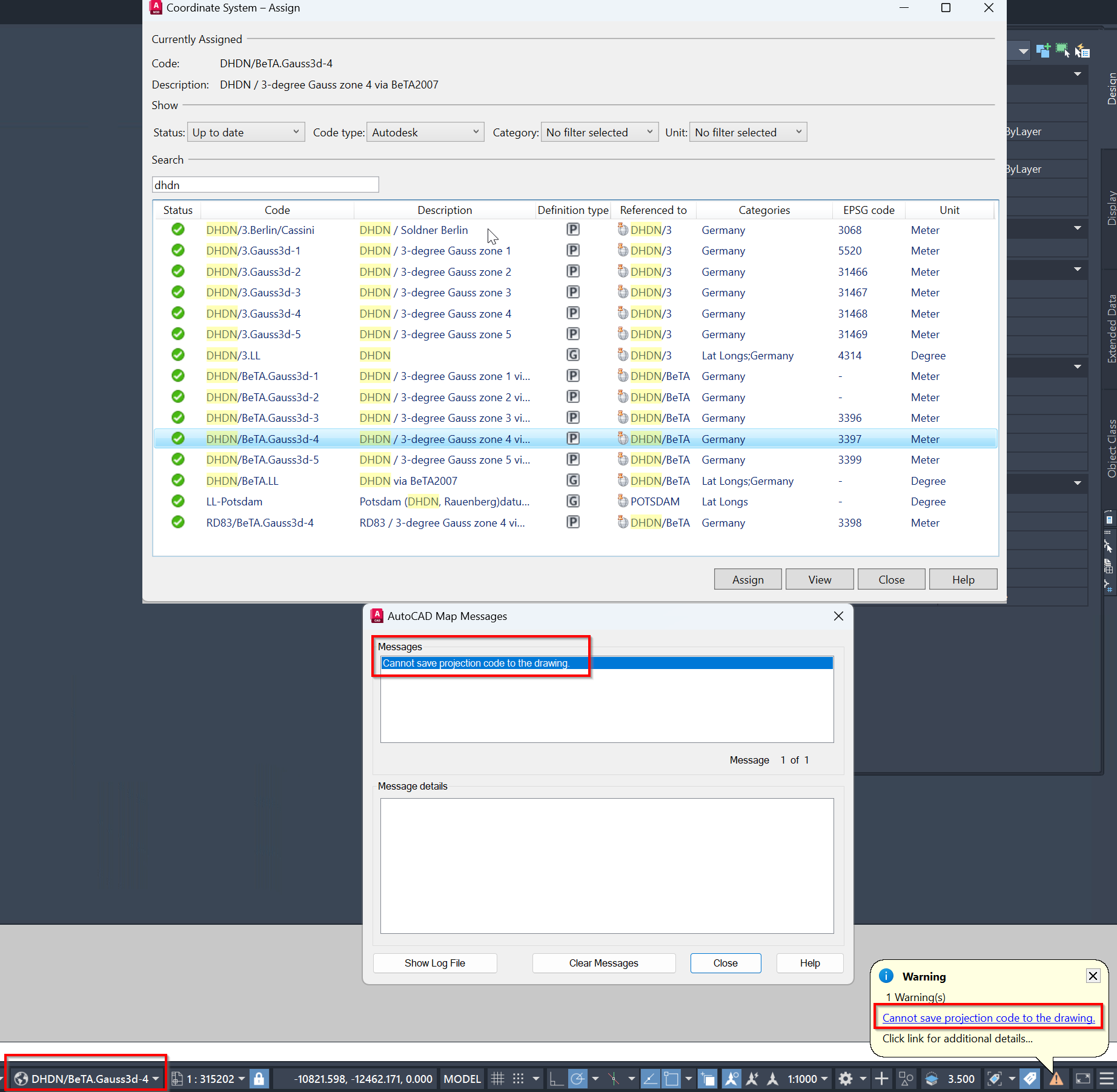 "Cannot save projection code to the drawing" when assigning a coordinate system with grid ...
