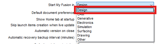 How to change the default design document type during Fusion startup