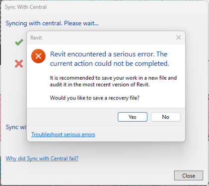 "Revit encountered a serious error..." at the Reload Latest stage of ...
