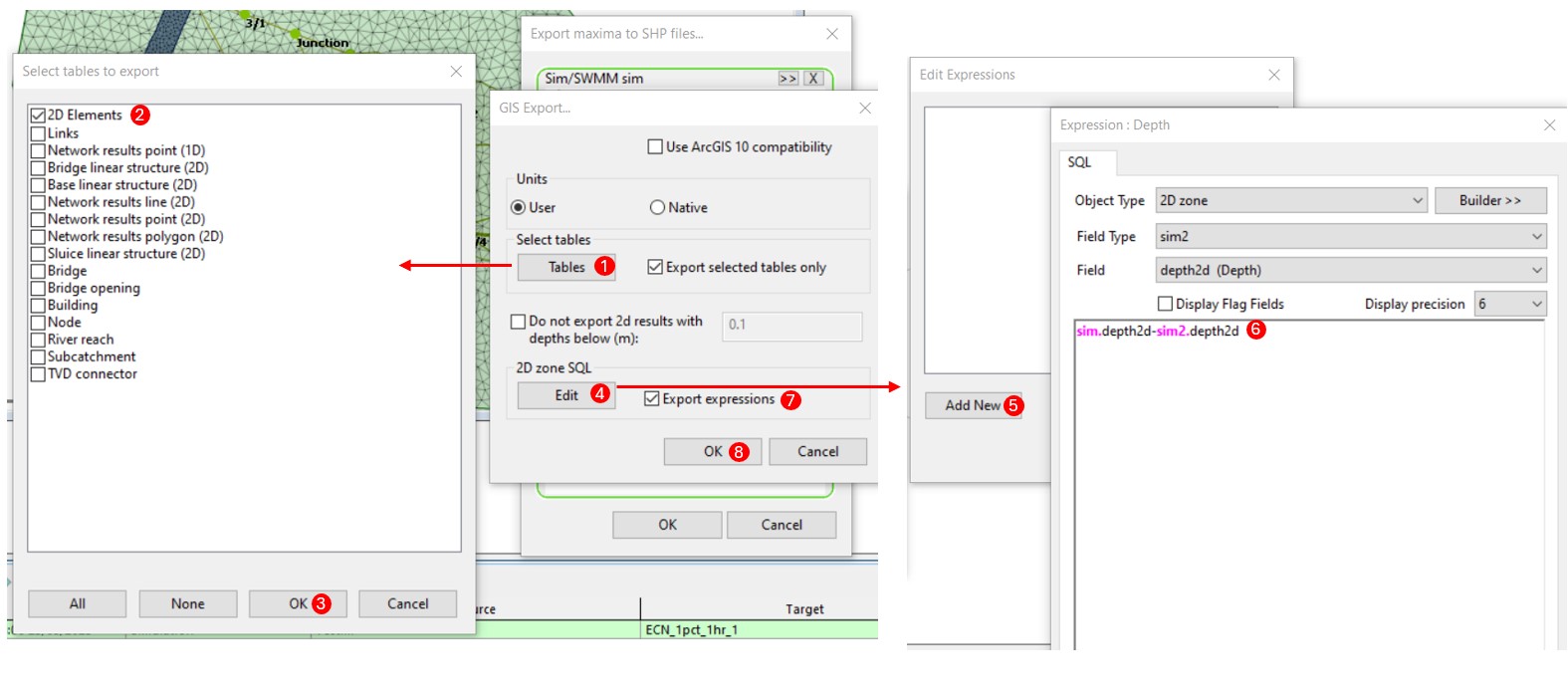 InfoWorks ICM에서 두 시뮬레이션 간에 2D 구역의 물 깊이를 비교하는 방법