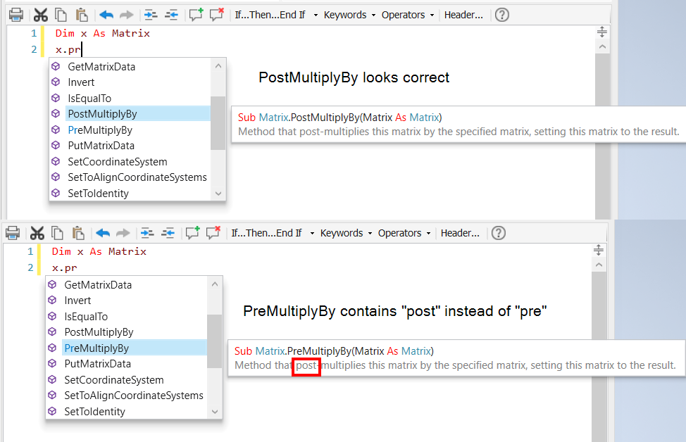The description of Matrix.PreMultiplyBy Method (Inventor API) in the iLogic tooltip and in the ...