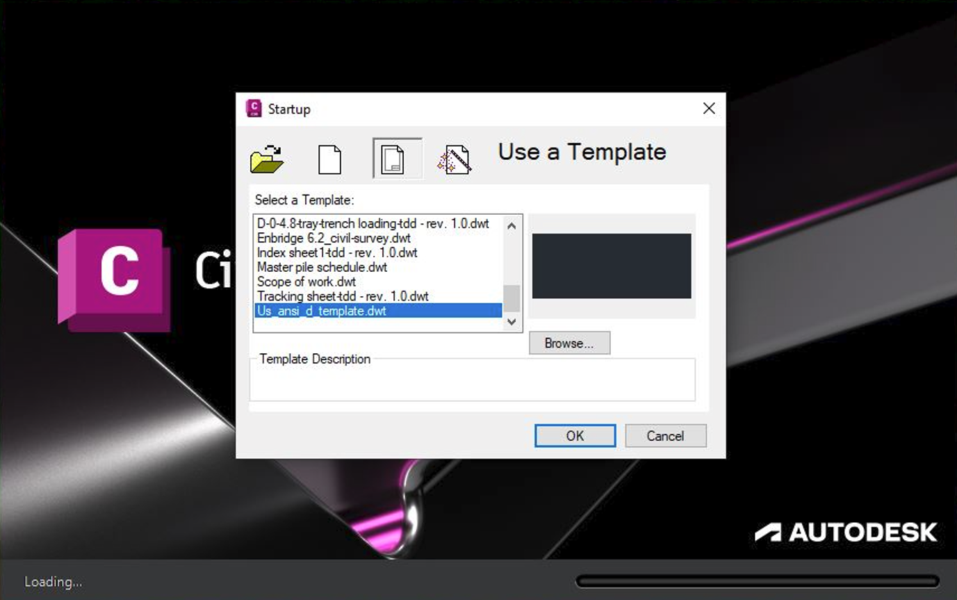 A pop-up window prompting the selection of a drawing template appears ...