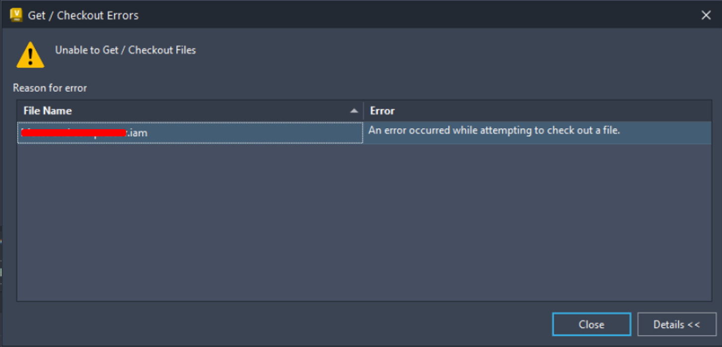"The following files could not be checked out due to vaulting ...