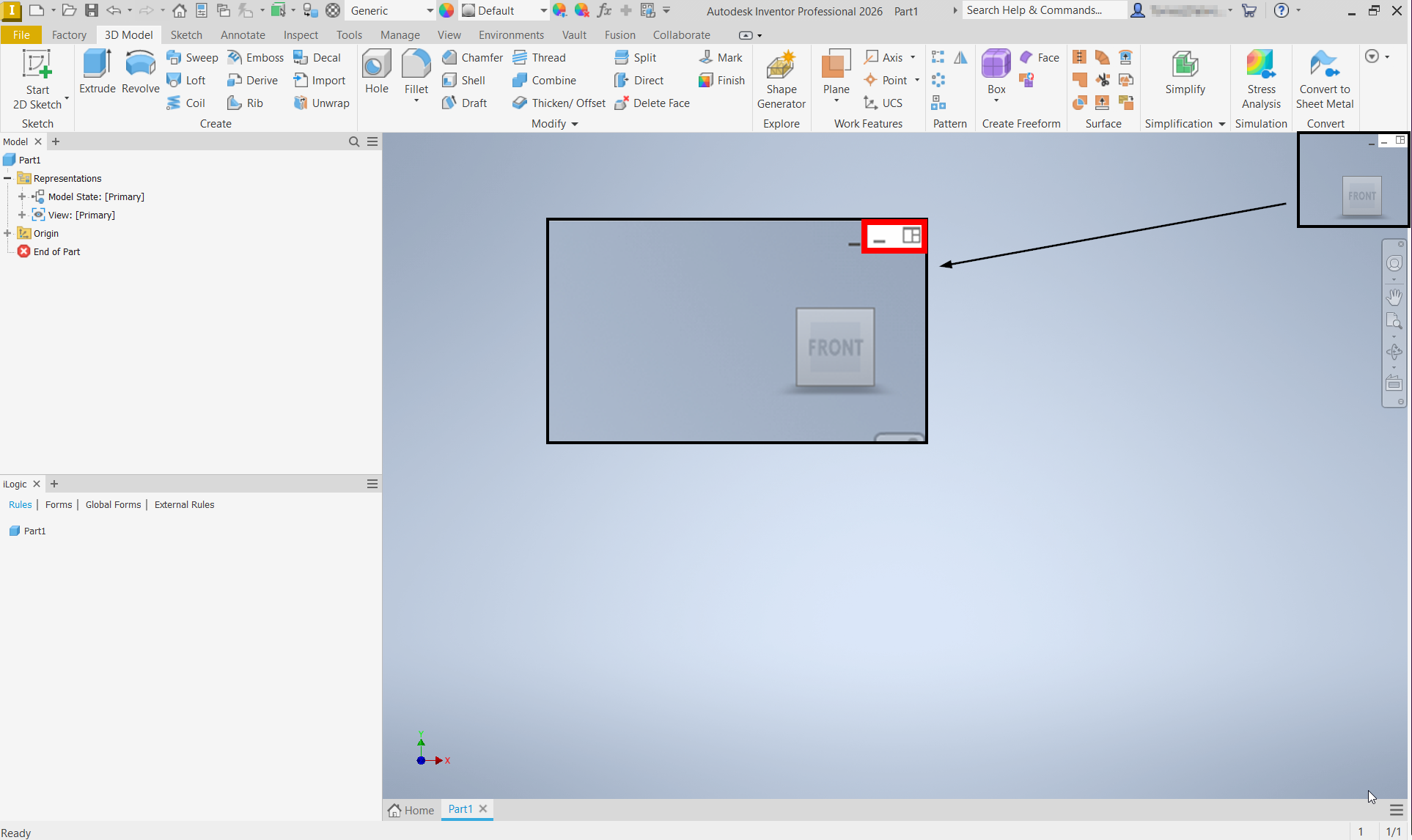 Duplicate UI in the top right corner of canvas showing X minimize buttons in Inventor 2026