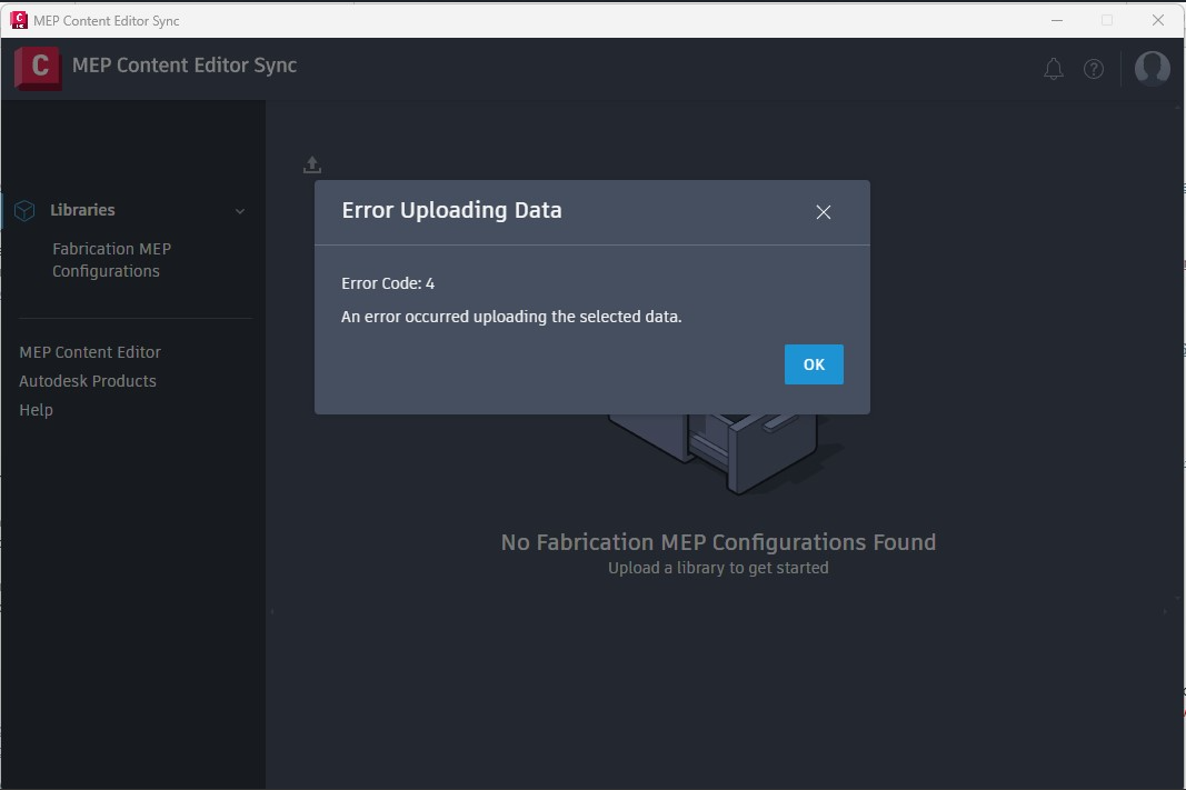 An Error Occurred Loading Fabrication Mep Configuration Displays After Launching Mep Content