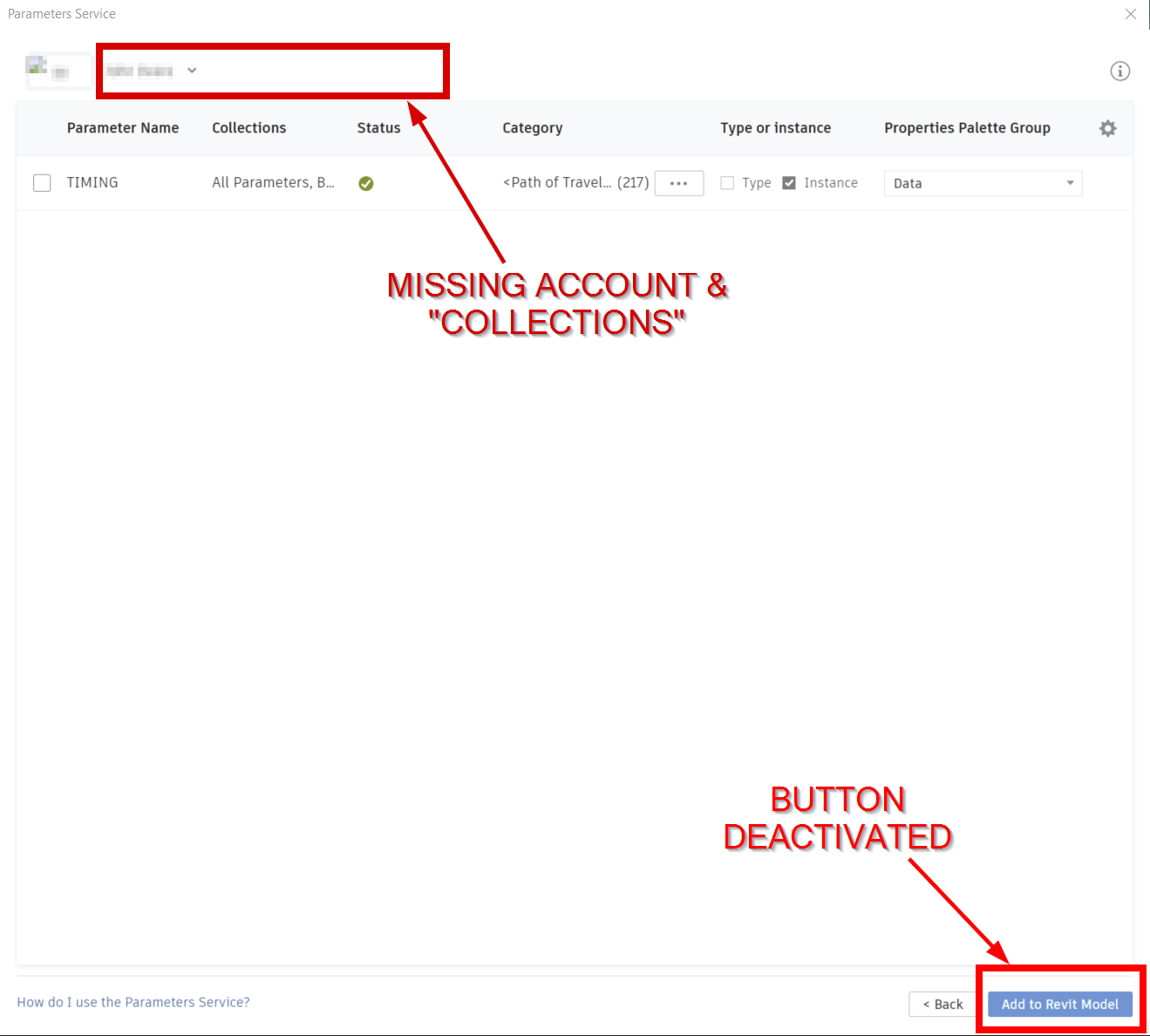 Autodesk Docs account missing in Parameters Service in Revit