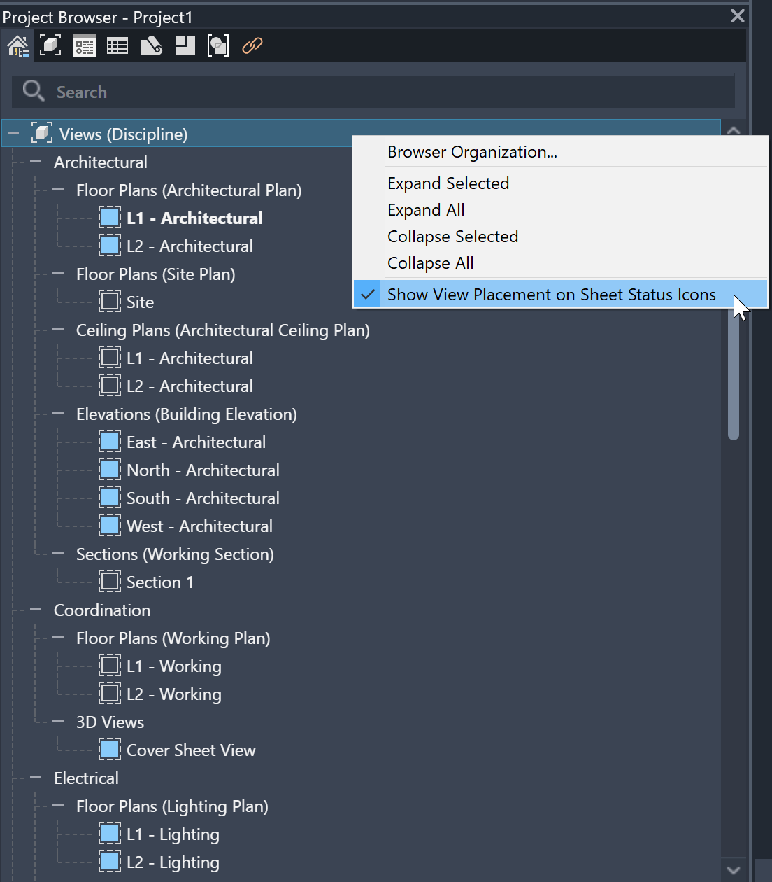 View Placement Sheet Status icons are missing next to views in project browser in Revit