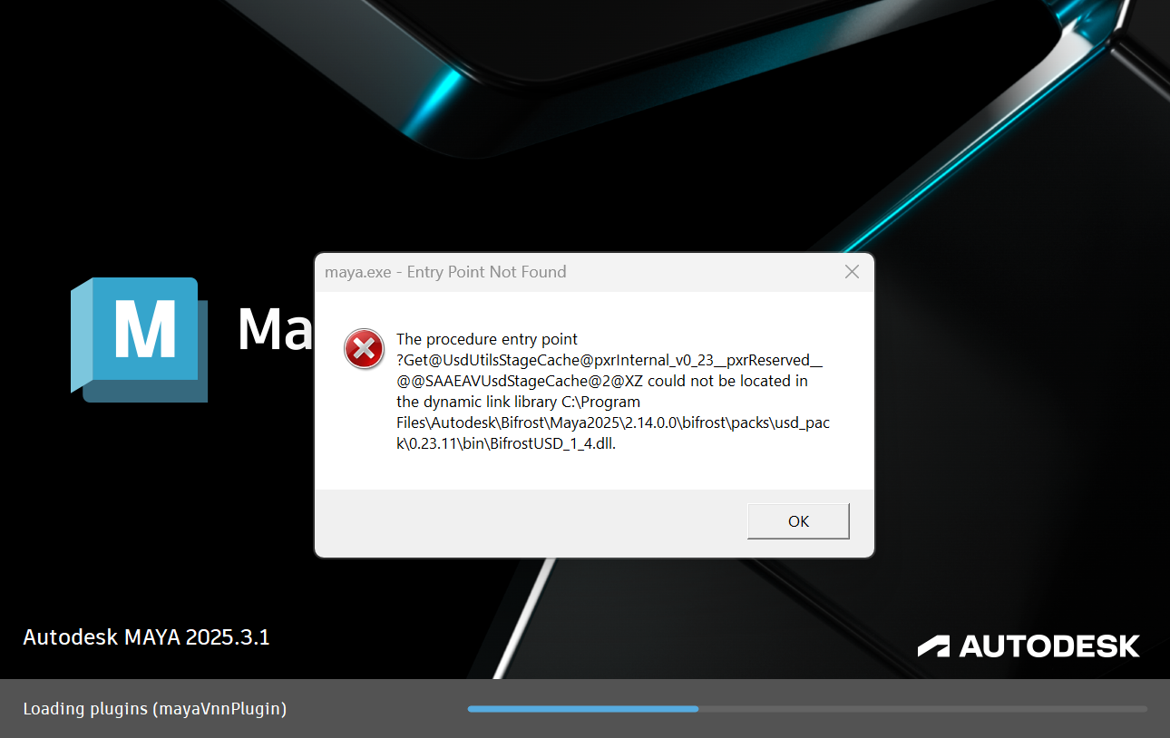 The Procedure entry point "maya.exe Entry Point Not Found" message appears when starting Maya