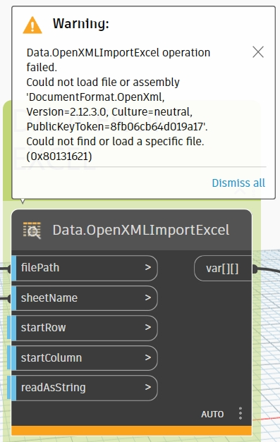 "Data.OpenXMLImportExcel operation failed. Could not load file or assembly 'DocumentFormat ...