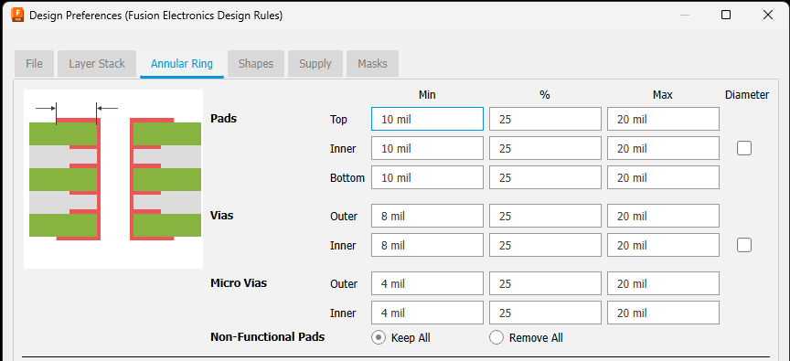 Pads and Vias changed after updating design rules in Fusion Electronics