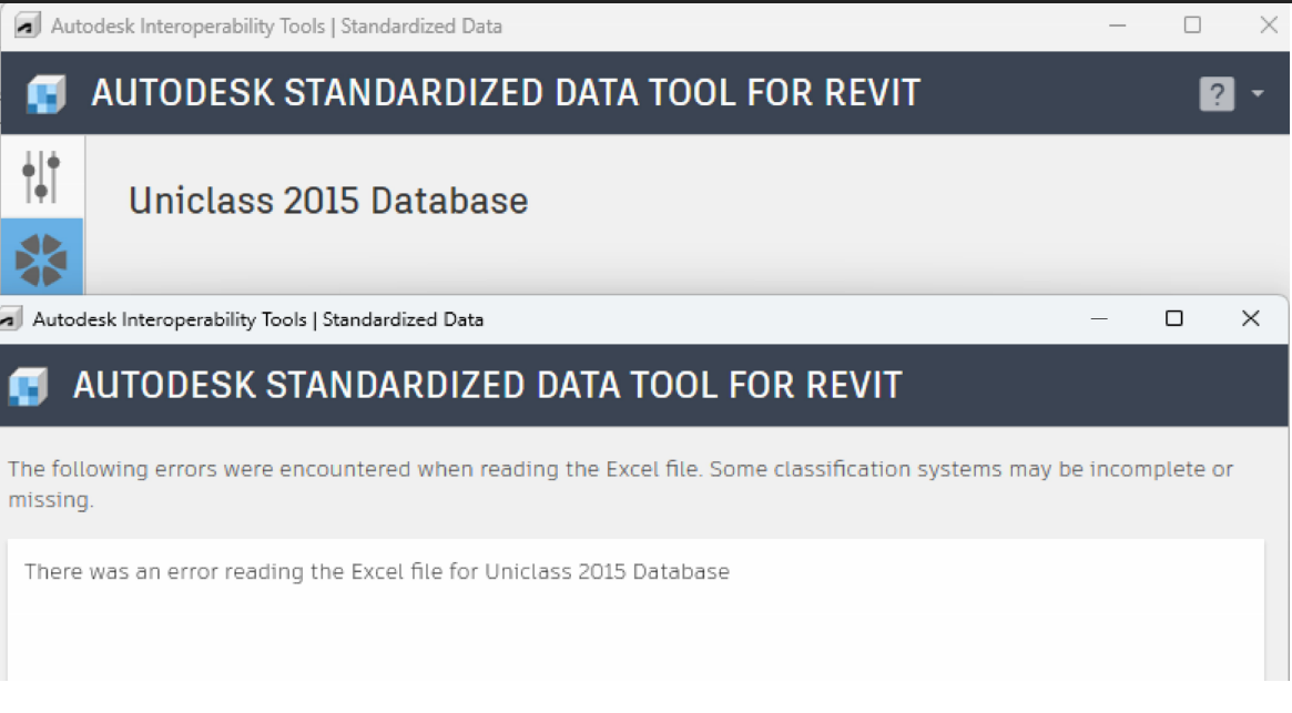在适用于 Revit 的 AIT 标准化数据工具中，“读取 Uniclass 2015 数据库的 Excel 文件时出错”