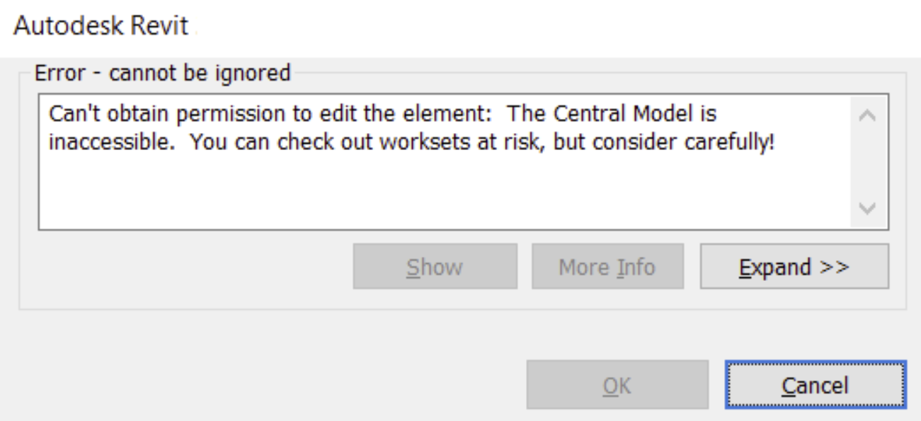 "Can't obtain permission to edit the element: The Central Model is ...