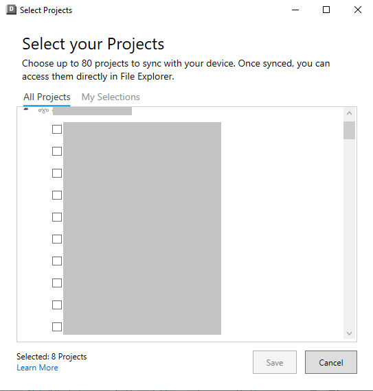 Not all projects are seen in Select Projects in Desktop Connector