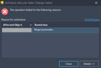 "Roll Back Lifecycle State Change failed... File version has dependent parent" when trying to ...