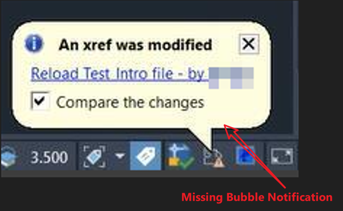 When an Xref is modified, no bubble notification popped up in Civil 3D.