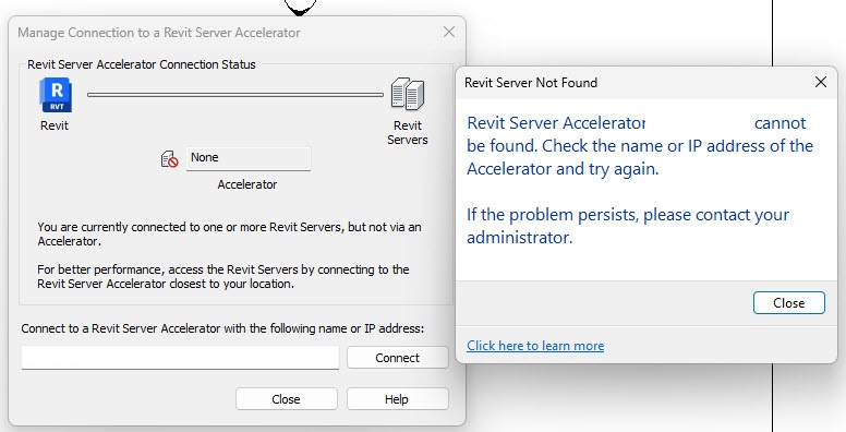 Cannot connect to Revit Server and Revit Server Accelerator cannot be found in Revit
