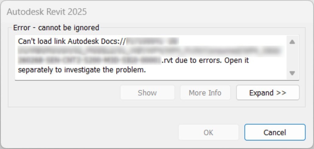 "Can't load link Autodesk Docs://[...].rvt due to errors..." when ...