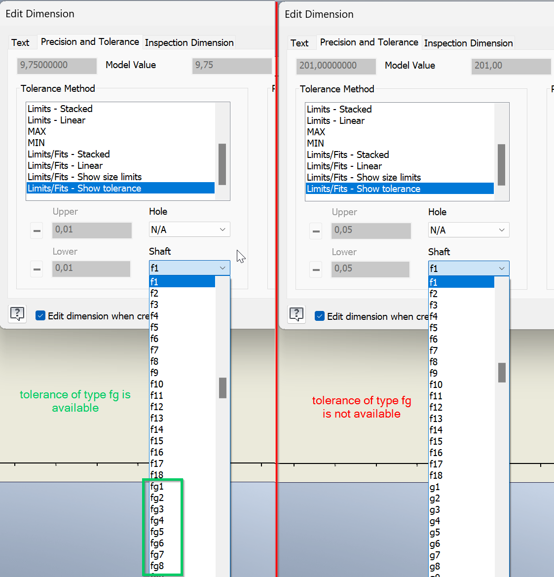The tolerance of type fg is missing in Inventor