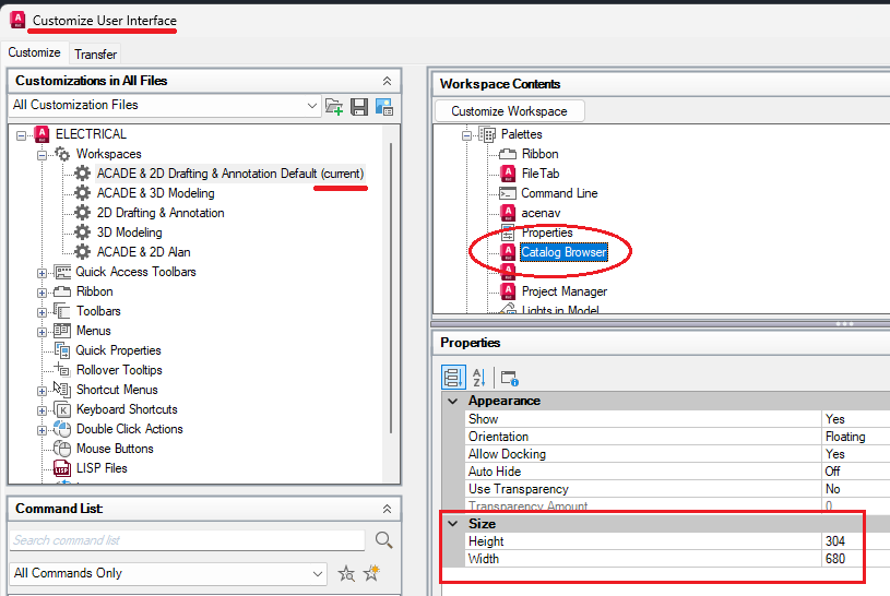 Catalog Browser palette is not appearing in AutoCAD Electrical