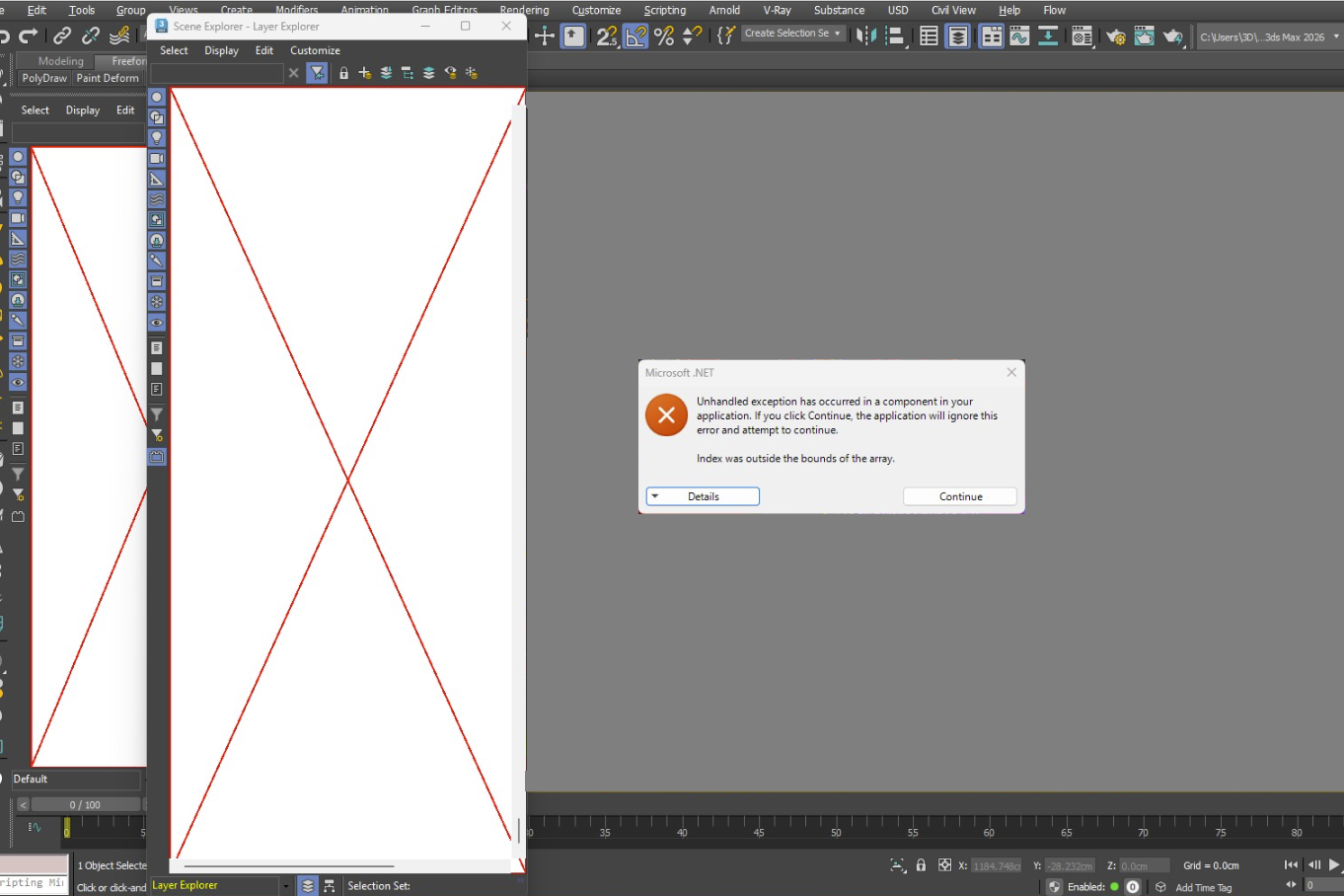 3ds Max closes with "Unhandled exception" and ".NET" error messages
