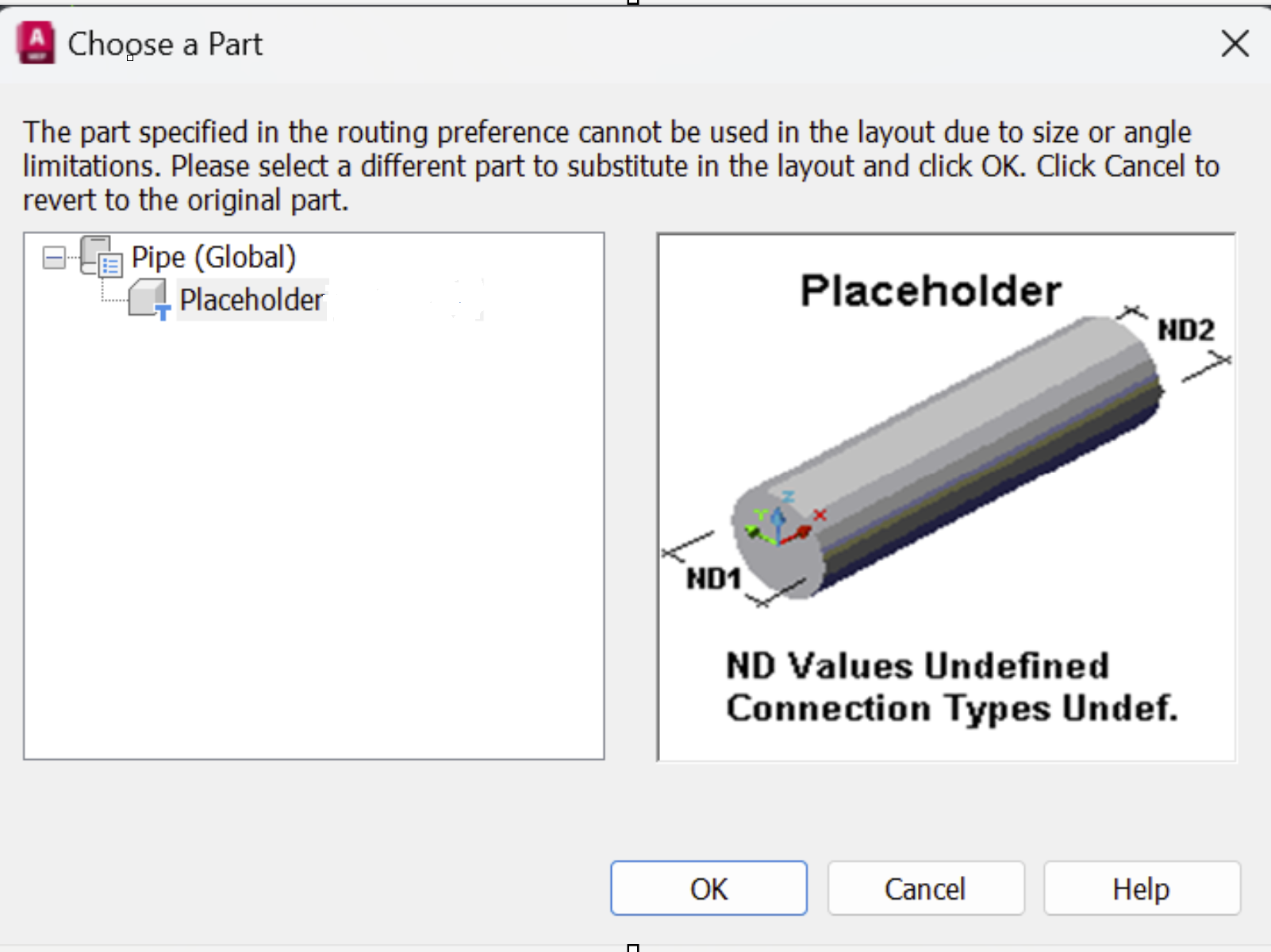 "Choose part" message constantly appears when routing pipes in AutoCAD MEP