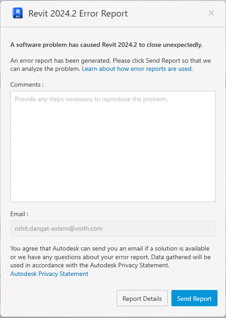 "A software problem has caused Revit [Version] to close unexpectedly ...