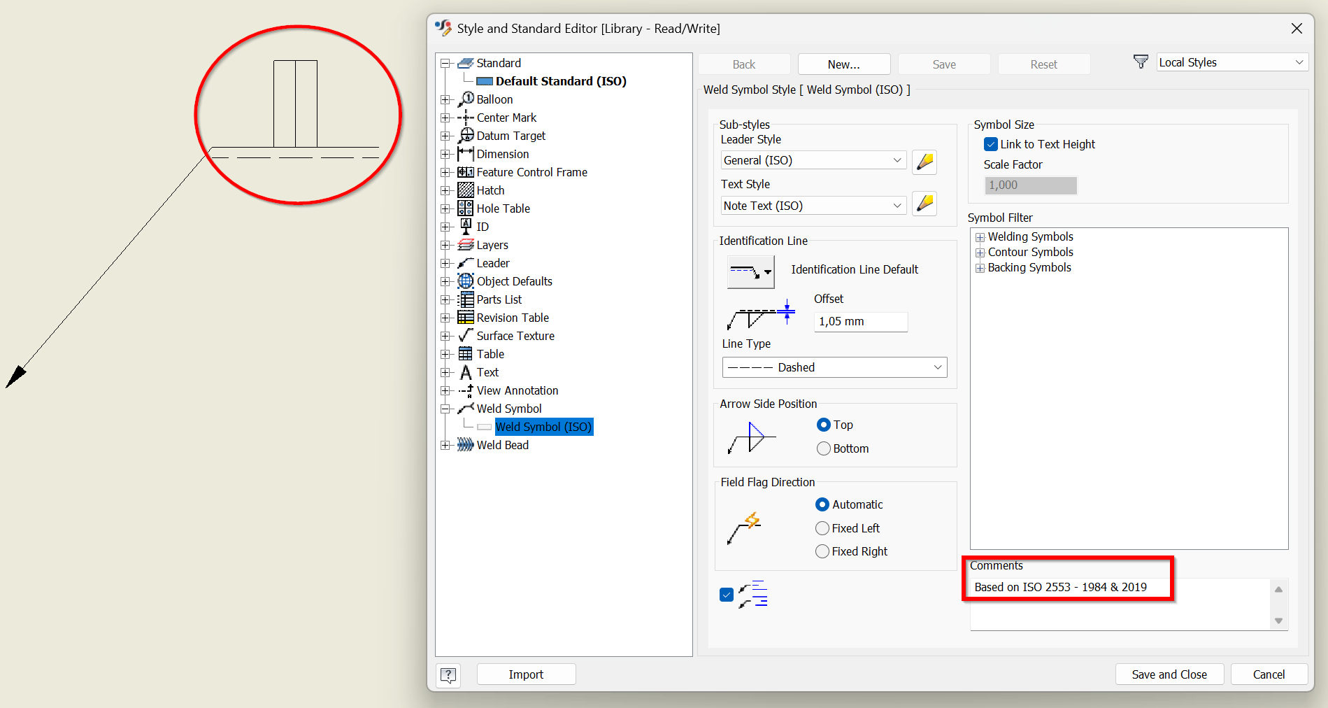 The symbol used for Edge Weld is outdated in Inventor drawing