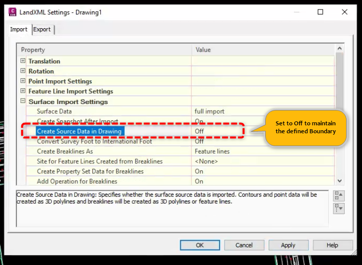 Boundary is missing when importing Surface LandXML in Civil 3D