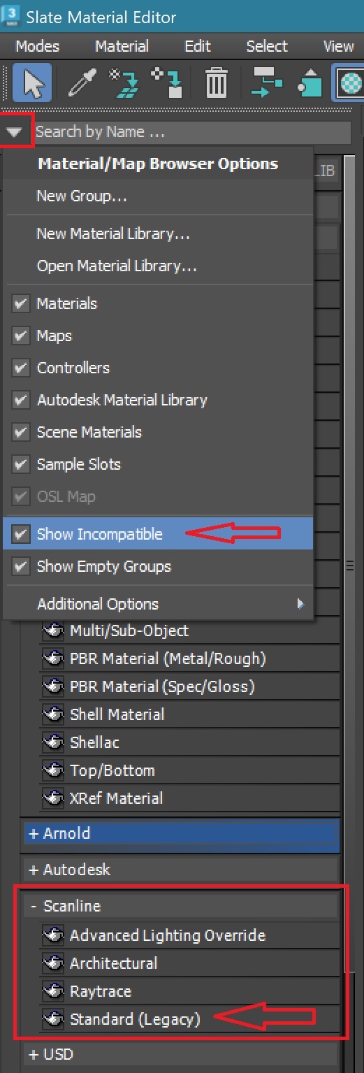 3ds Max 2021 中不显示标准（旧版）材质