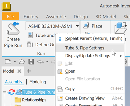 Where are the Tube & Pipe settings stored in Inventor