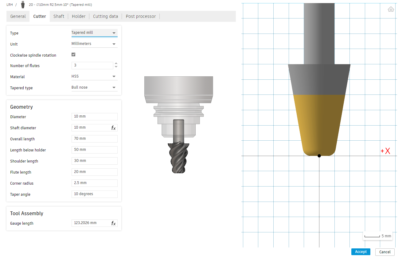 How to create a tapered cutter with a tip radius in Fusion.