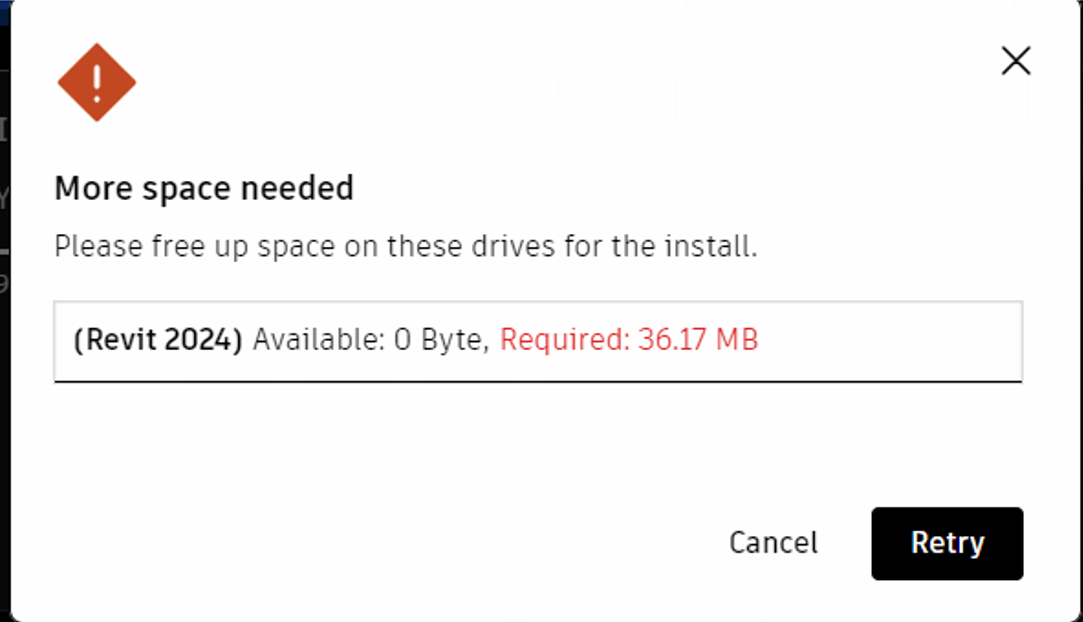 "More space needed" when installing Revit
