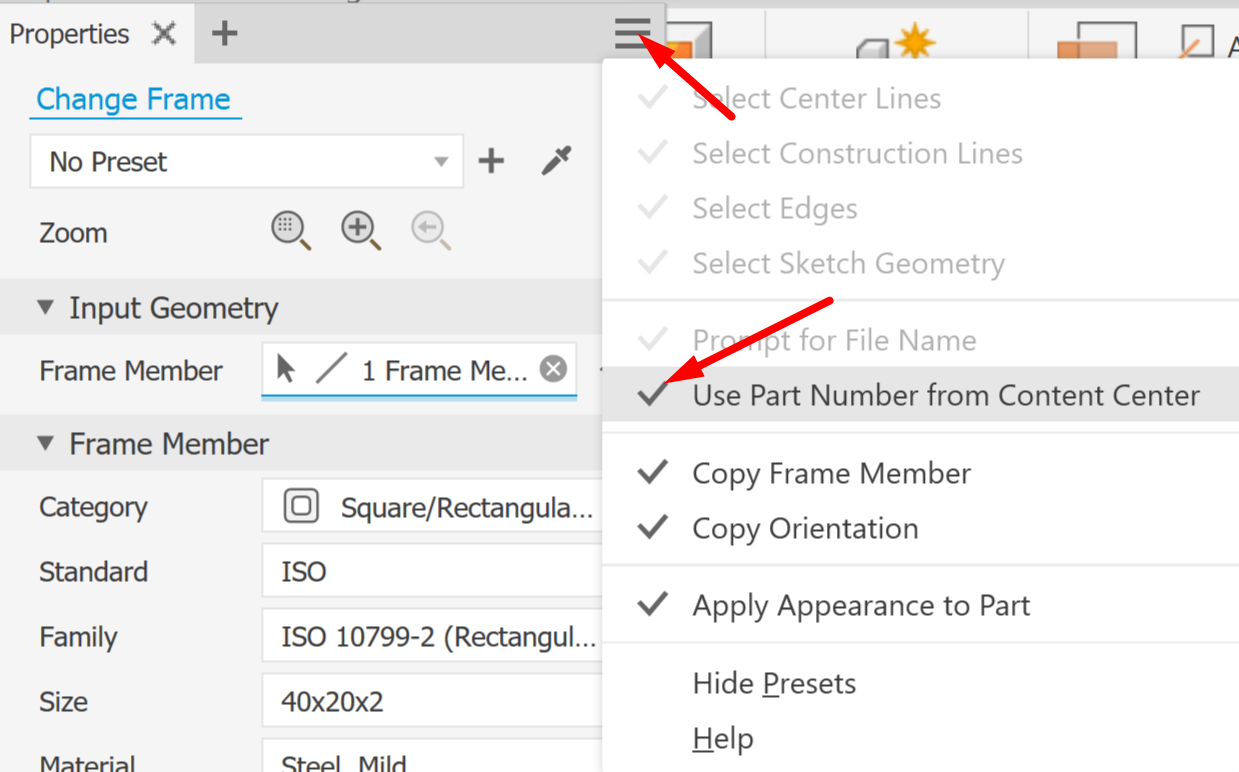 Inventor Frame Generator components have unique numbers in Part Number iProperty