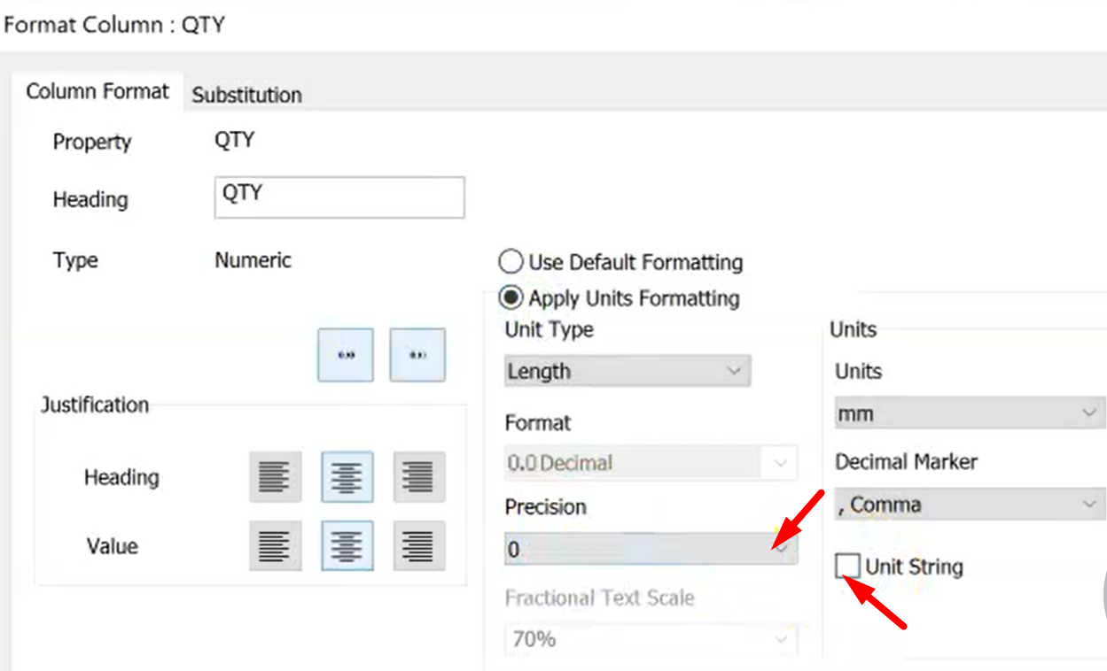 How to change the unit precision in the Part list table column of an Inventor drawing