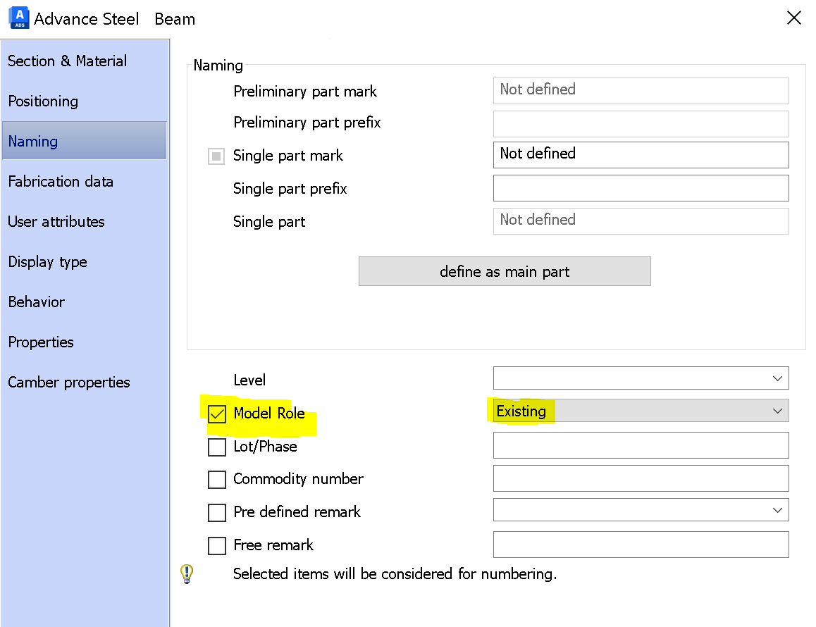How to exclude the native parts from the BOM list, numbering or detailing in model in Advance Steel
