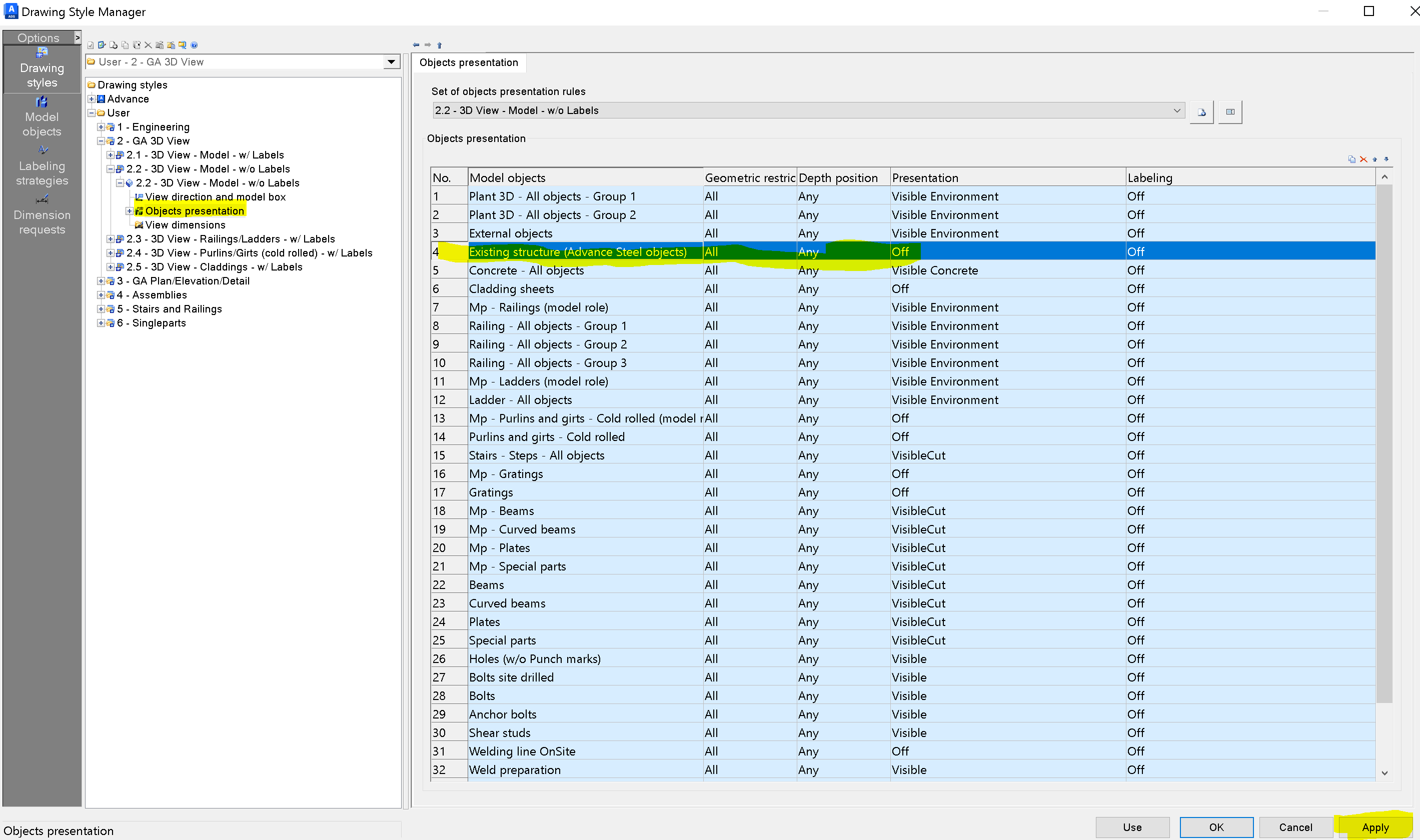 How to exclude the native parts from the BOM list, numbering or detailing in model in Advance Steel
