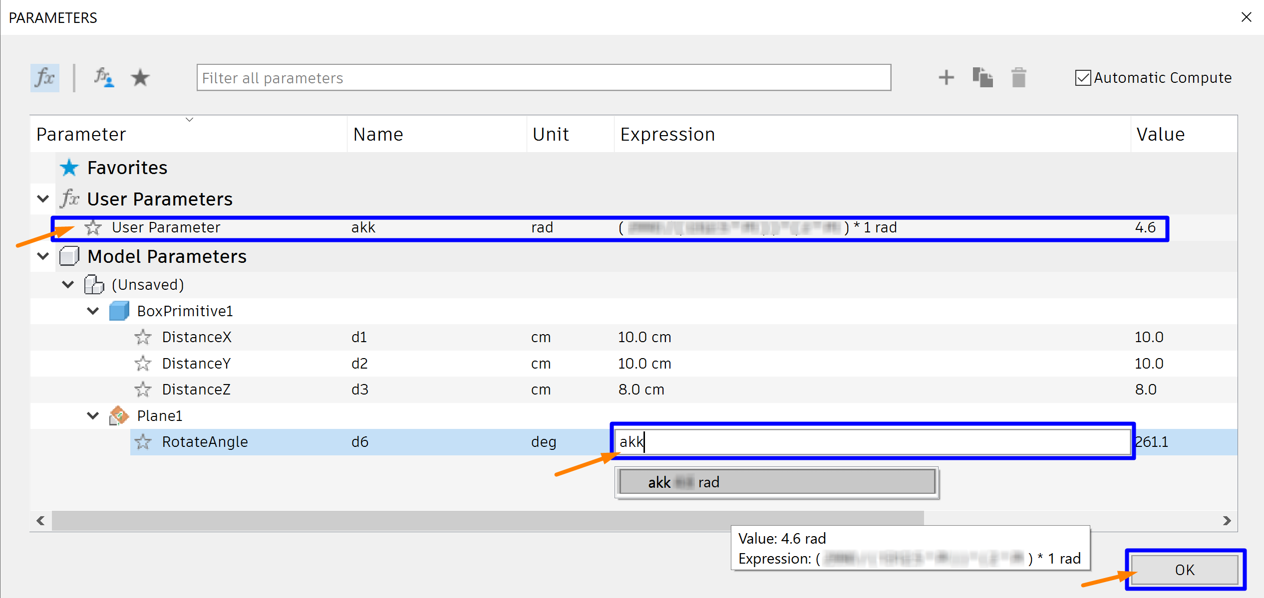 Fusion shows red when expression for plane at angle is in radians