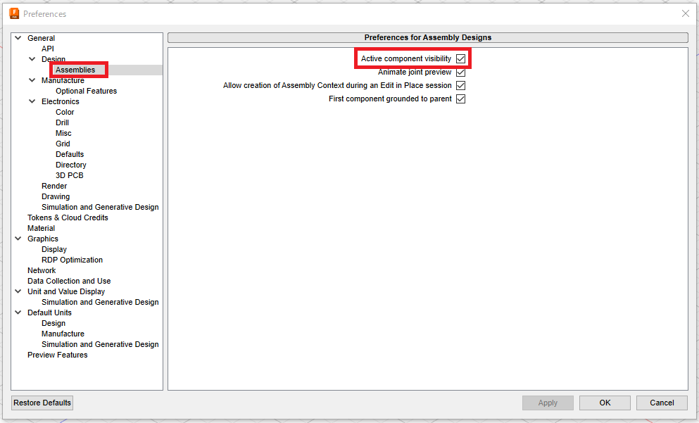 How to display all components as visible when only one is activated in an assembly in Fusion