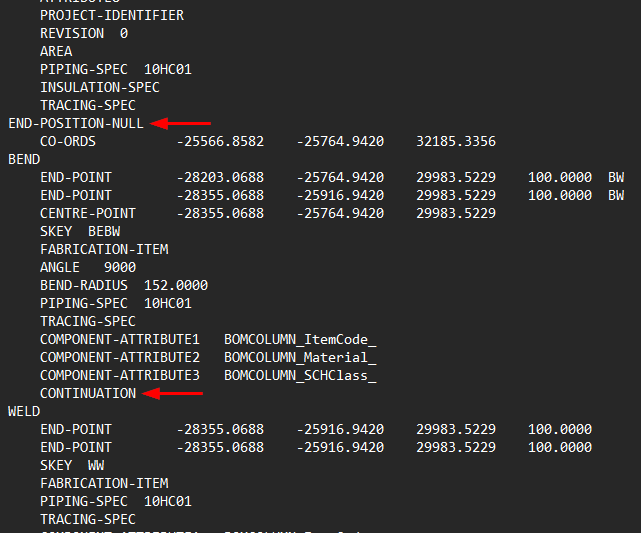 在 AutoCAD Plant 3D 中，END-POSITION-NULL 放置在 PCF 文件中，而不是放置在连接的线号中