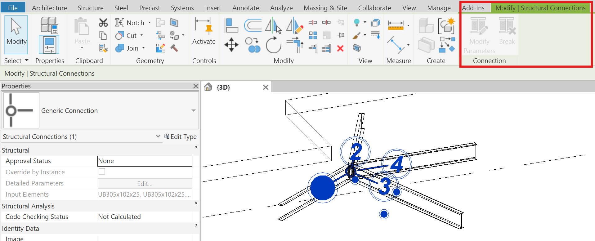 Cannot create custom structural connection for four steel beams in Revit