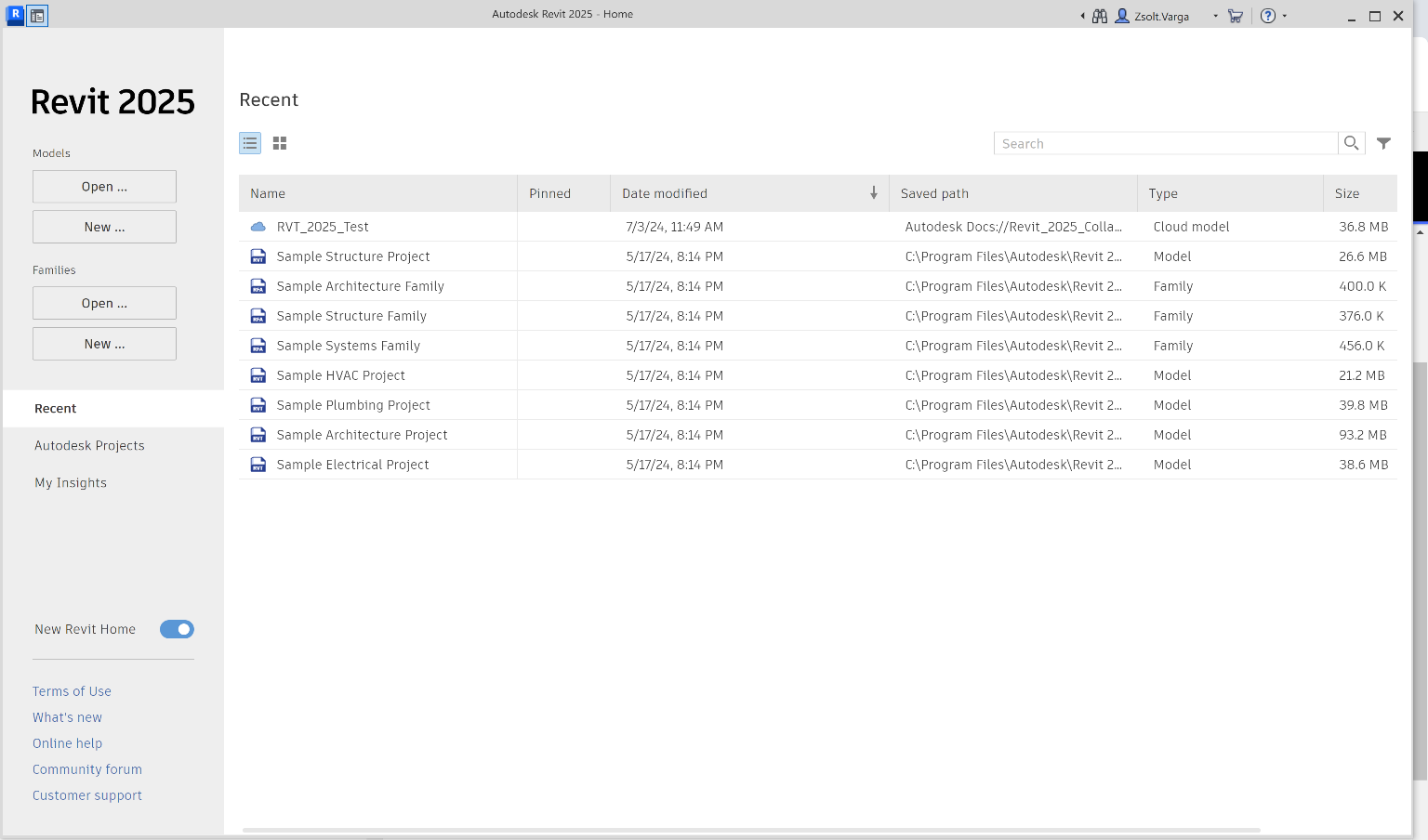 Cloud projects are not in alphabetical order on the new Home User Interface in Revit 2024 and 2025