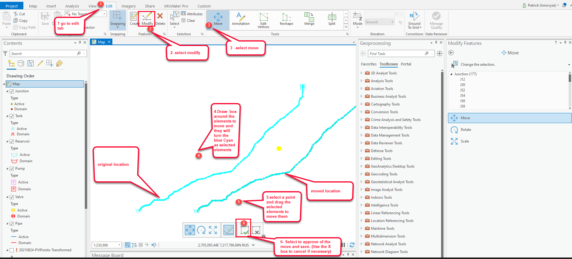 How to move model elements into the right location in InfoWater Pro
