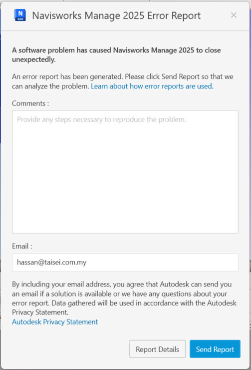 "A software problem has caused Navisworks 2025 to close unexpectedly ...