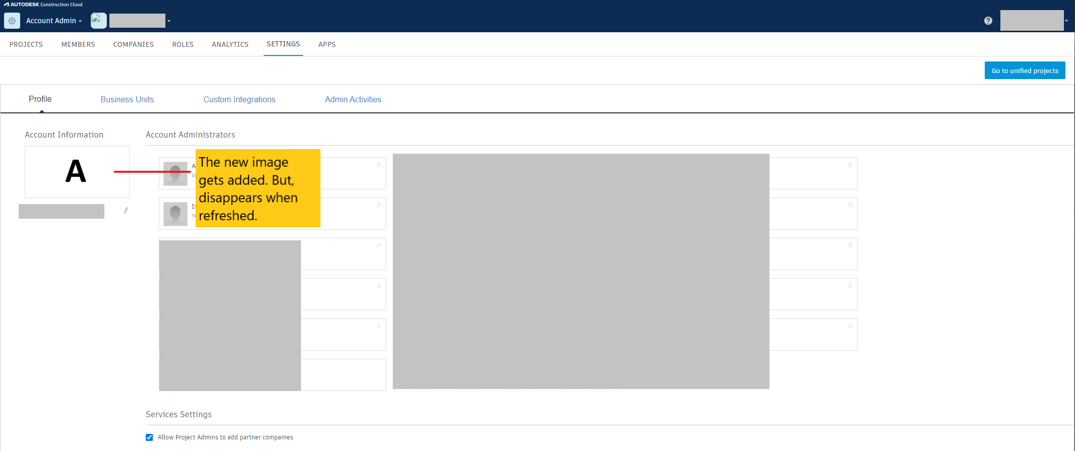 Image or logo appears broken in Account Admin in BIM 360 or ACC